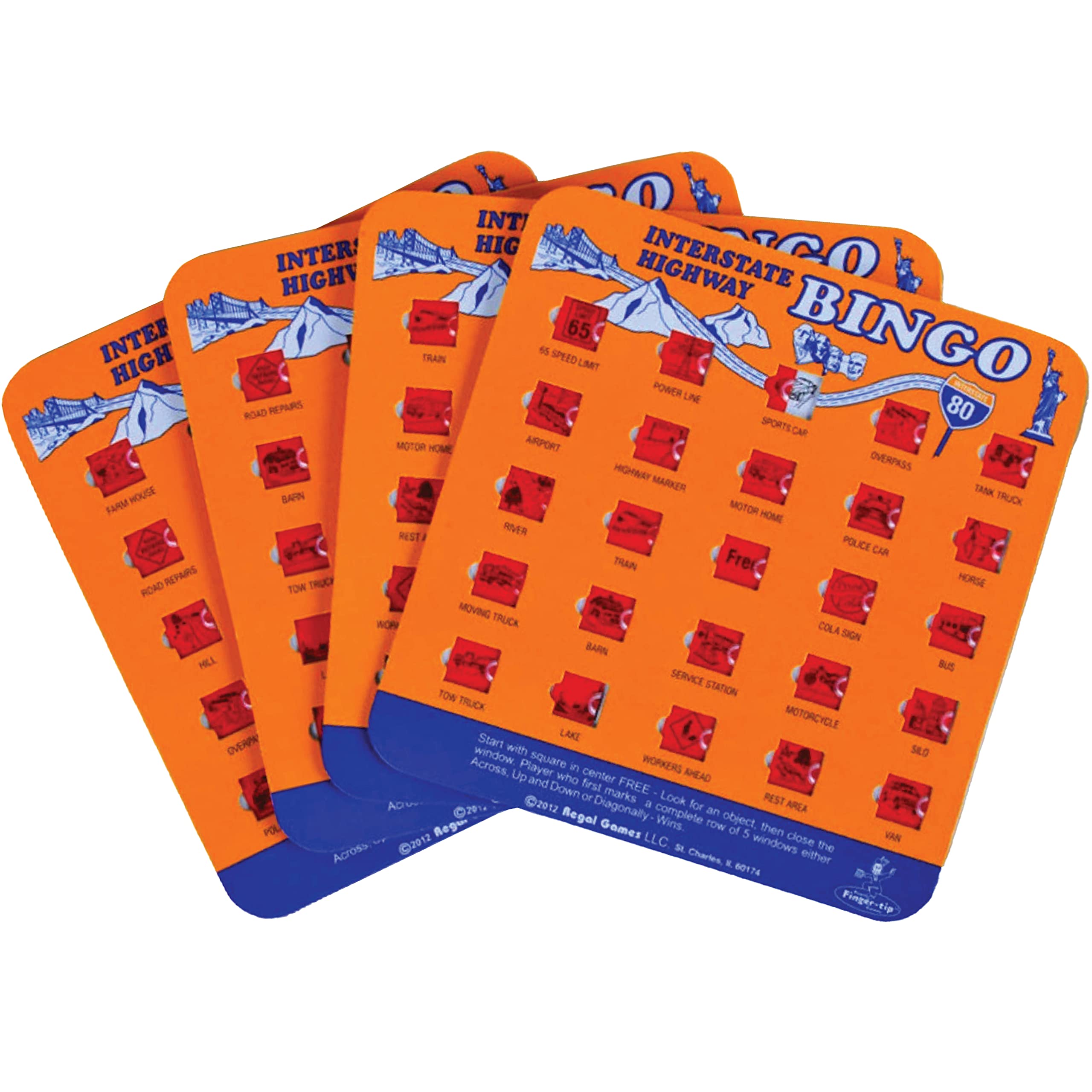 Regal Games Finger-Tip Shutter Bingo Cards with Sliding Windows - Interstate Highway Game Set - Travel Bingo Game for Adults & Kids - Reusable, No Chips & Daubers Needed - 4 Packs - Orange