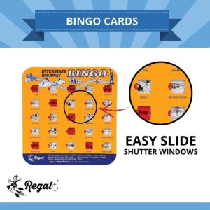 Regal Games Finger-Tip Shutter Bingo Cards with Sliding Windows - Interstate Highway Game Set - Travel Bingo Game for Adults & Kids - Reusable, No Chips & Daubers Needed - 4 Packs - Orange