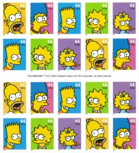 the simpsons sheet of 20 x 44-cent stamps, usa 2009, scott 4399-4403