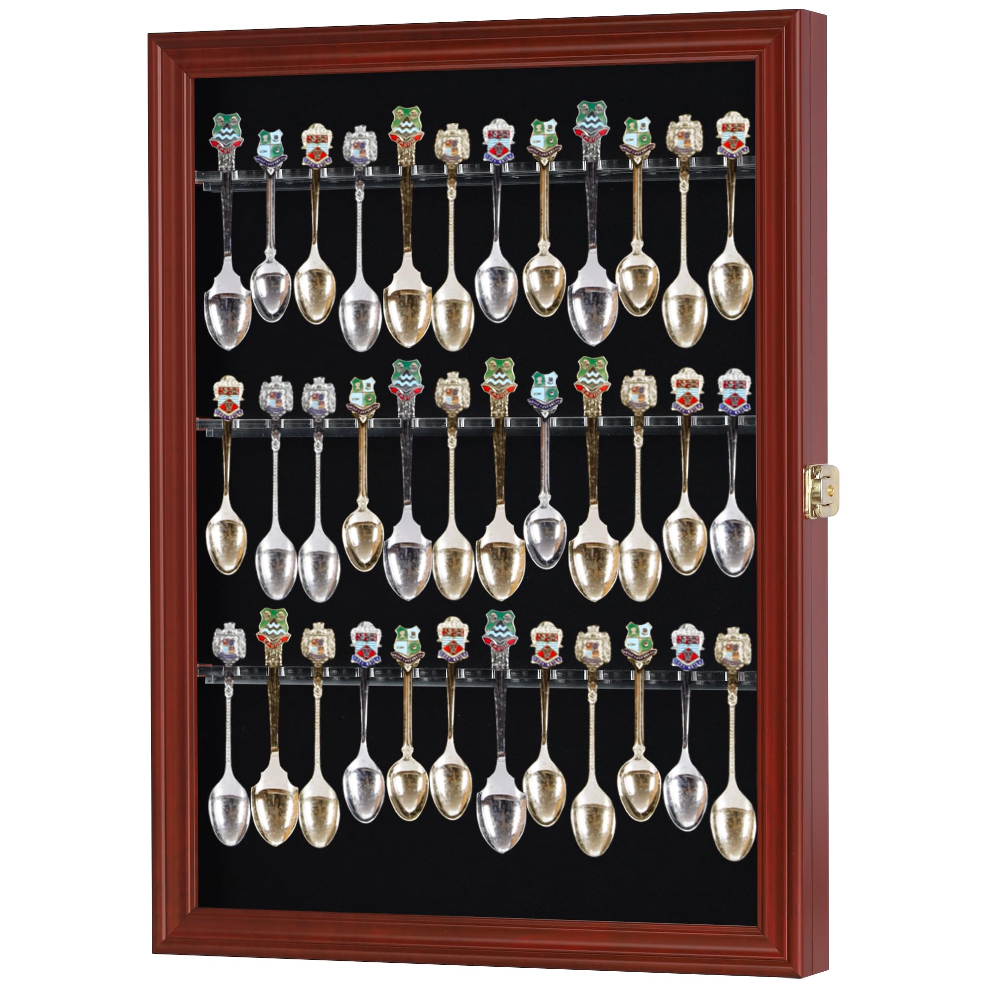 36 Spoon Display Case Cabinet Holder Rack Shadow Box with Lockable Door, Dark Cherry Finish (SP01-DC)