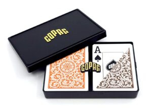 copag 1546 design 100% plastic playing cards, poker size (standard) jumbo index orange/brown double deck set