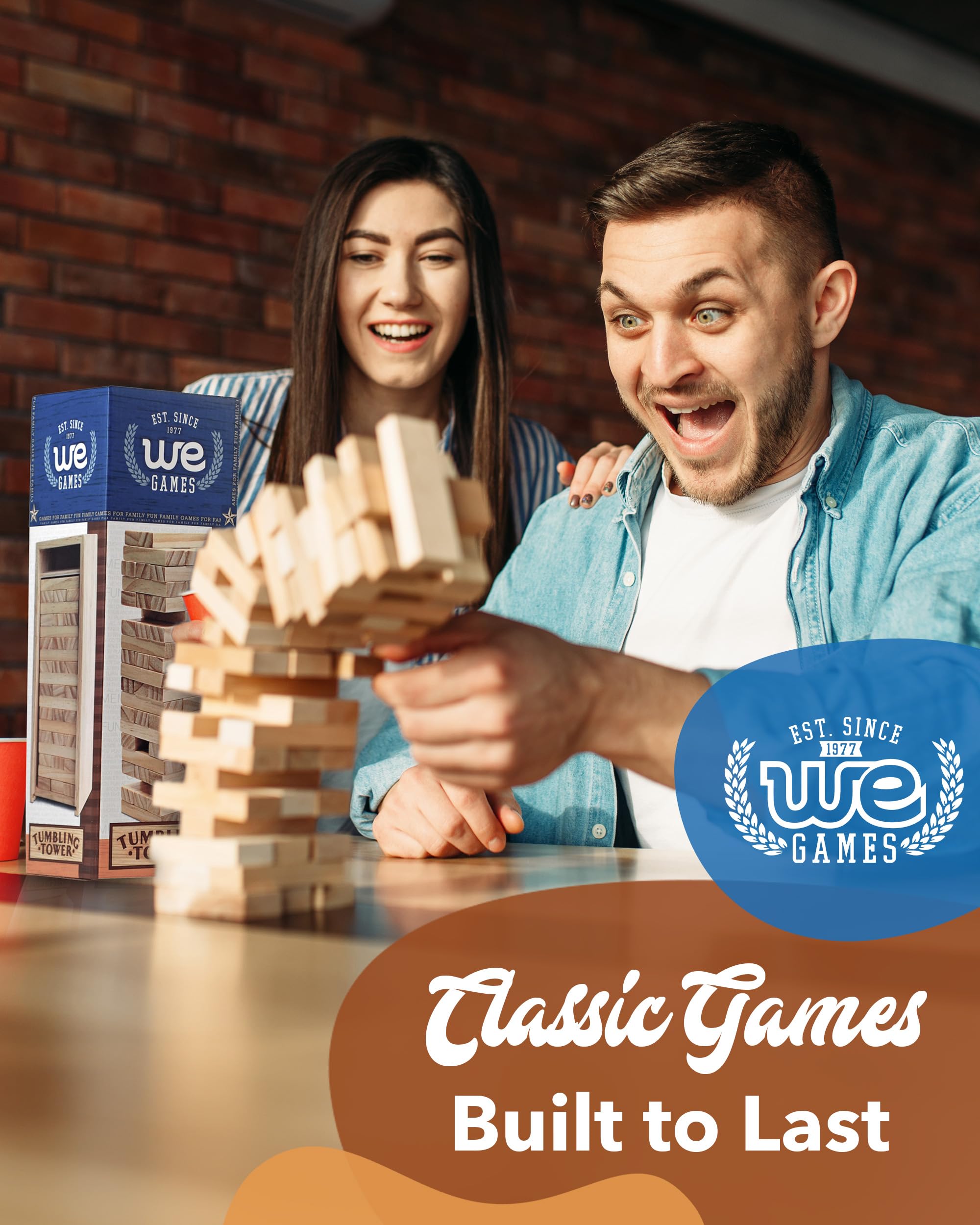 WE Games Wooden Block Stacking Party Game for Adults, Tumble Tower Wedding Guest Book Alternative, Tabletop Games, Includes Storage Case, 12 inches