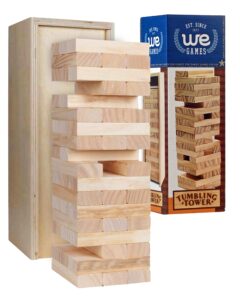 we games wooden block stacking party game for adults, tumble tower wedding guest book alternative, tabletop games, includes storage case, 12 inches