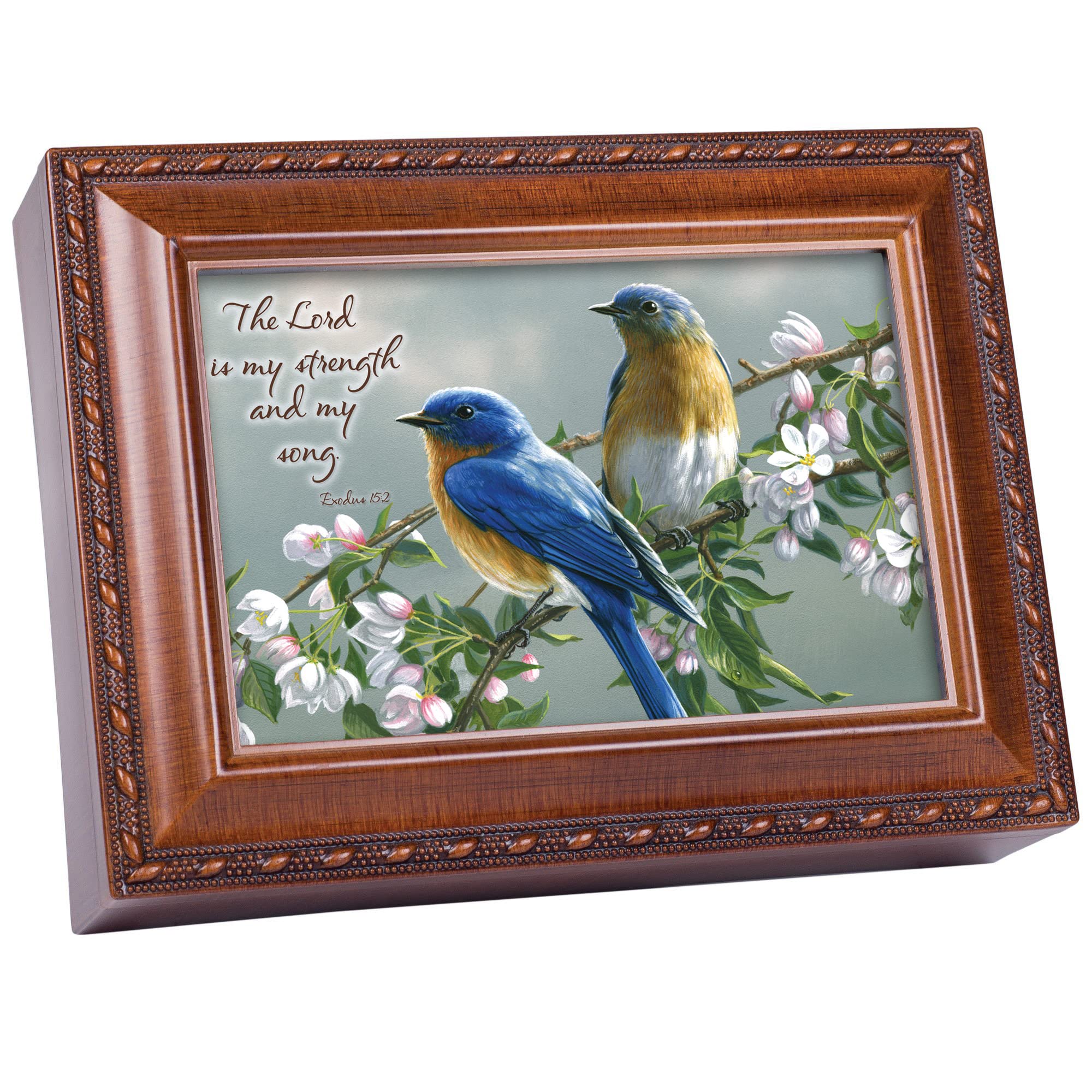 Cottage Garden Watchful Birds Woodgrain Rope Trim Inspirational Music Box Plays Amazing Grace