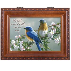 Cottage Garden Watchful Birds Woodgrain Rope Trim Inspirational Music Box Plays Amazing Grace