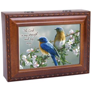 Cottage Garden Watchful Birds Woodgrain Rope Trim Inspirational Music Box Plays Amazing Grace