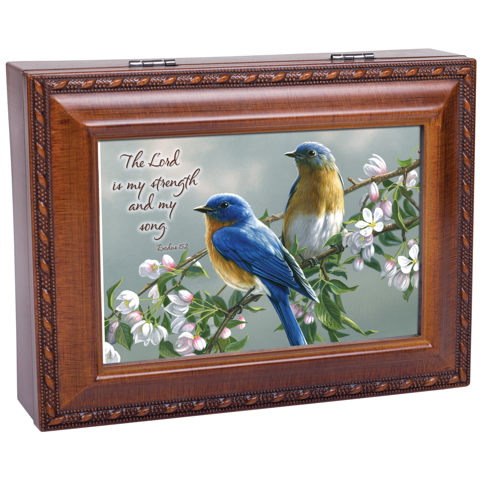 Cottage Garden Watchful Birds Woodgrain Rope Trim Inspirational Music Box Plays Amazing Grace