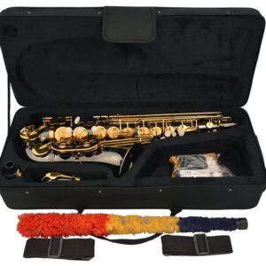 Professional Black Nickel Body Gold Keys E-flat Eb Alto Saxophone Sax with 11 Reeds, Case, Music Book, Mouthpiece and Many Extras, 360-BN