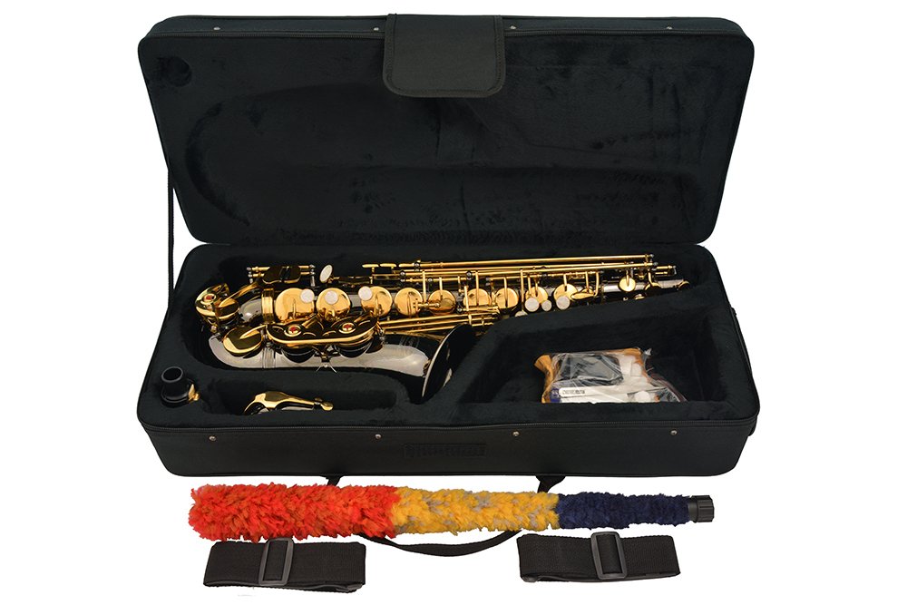 Professional Black Nickel Body Gold Keys E-flat Eb Alto Saxophone Sax with 11 Reeds, Case, Music Book, Mouthpiece and Many Extras, 360-BN