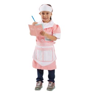 Melissa & Doug Waitress Role Play Costume Set (7 pcs) - Includes Apron, Order Pad, Cap Pink 3-6 years