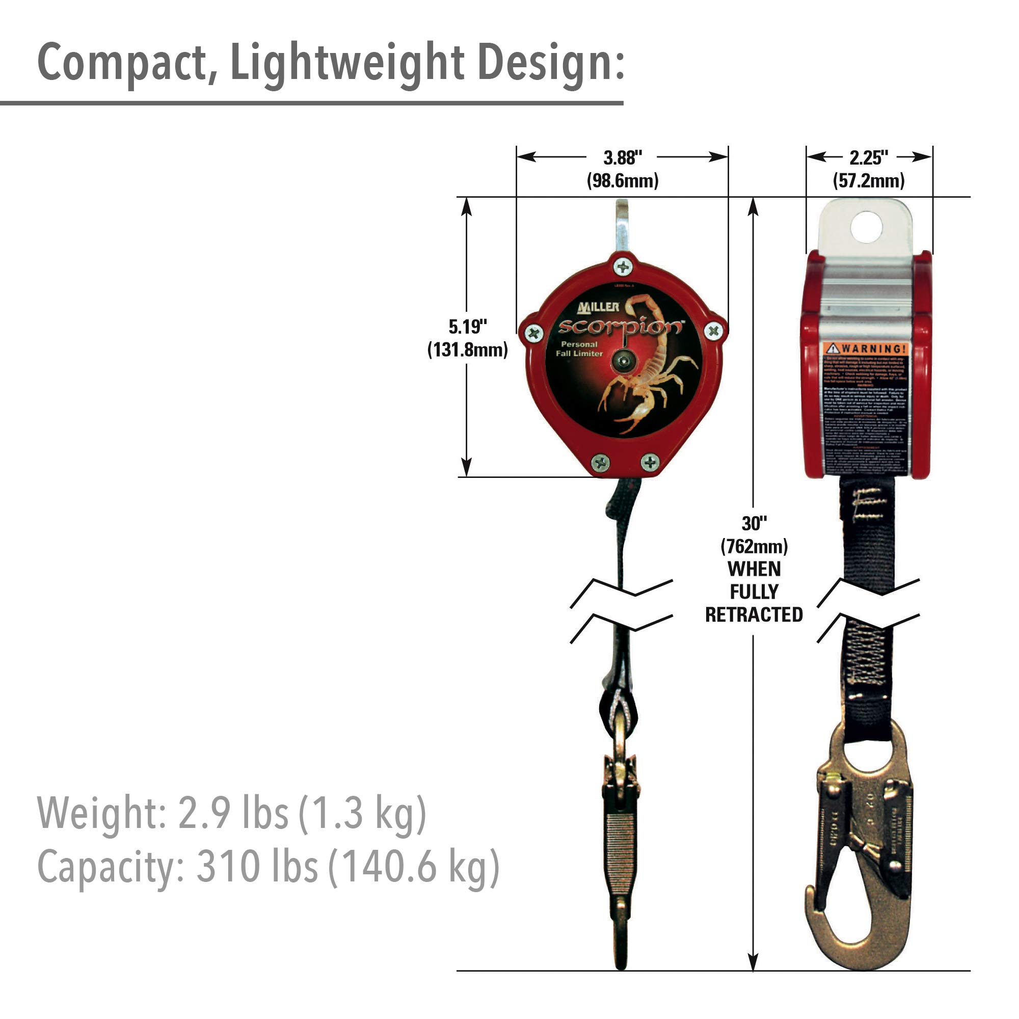 Miller by Honeywell Scorpion 9-Foot Personal Fall Limiter with Twist-Lock Carabiner & Locking Snap Hook, 310 lb. Capacity (PFL-2-Z7/9FT), Red