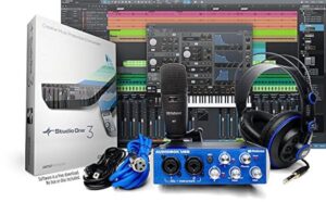 presonus audiobox studio with headphones, microphone, mic cable, usb cable, and studioone artist software (download)