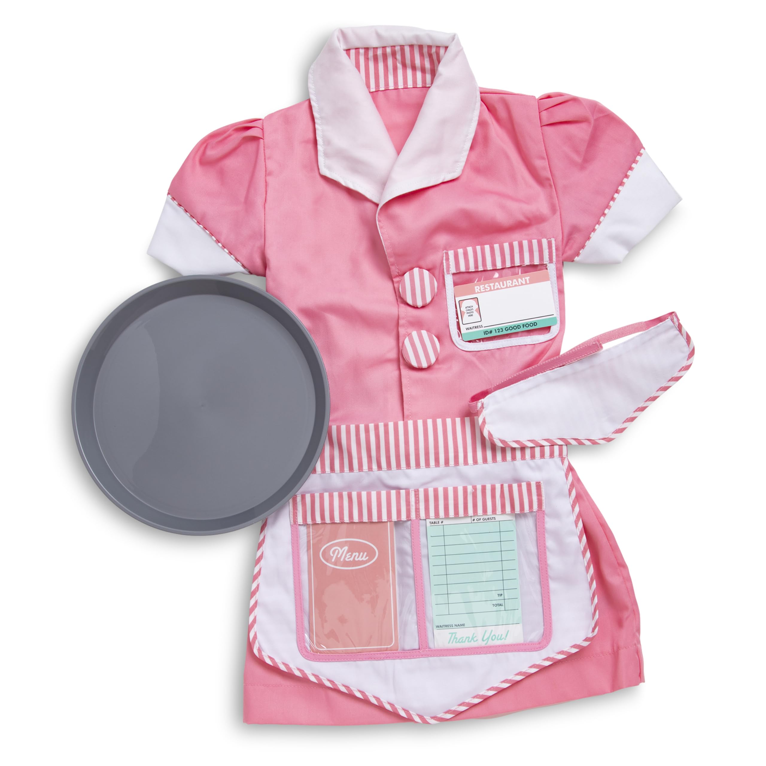 Melissa & Doug Waitress Role Play Costume Set (7 pcs) - Includes Apron, Order Pad, Cap Pink 3-6 years