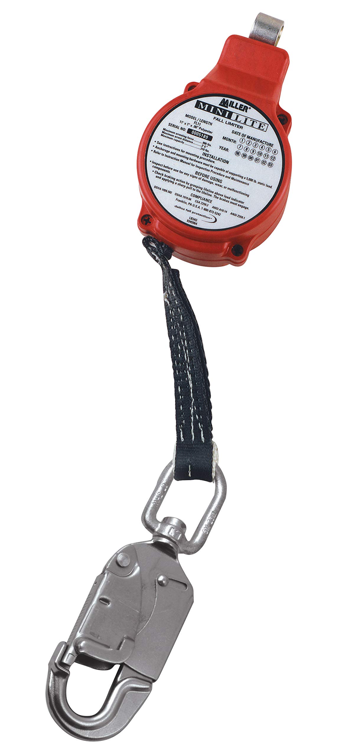 Miller MiniLite 11-Foot Personal Fall Limiter with Lanyard End Swivel/Shackle Snap Hook, 310 lb. Capacity (FL11-Z7/11FT)