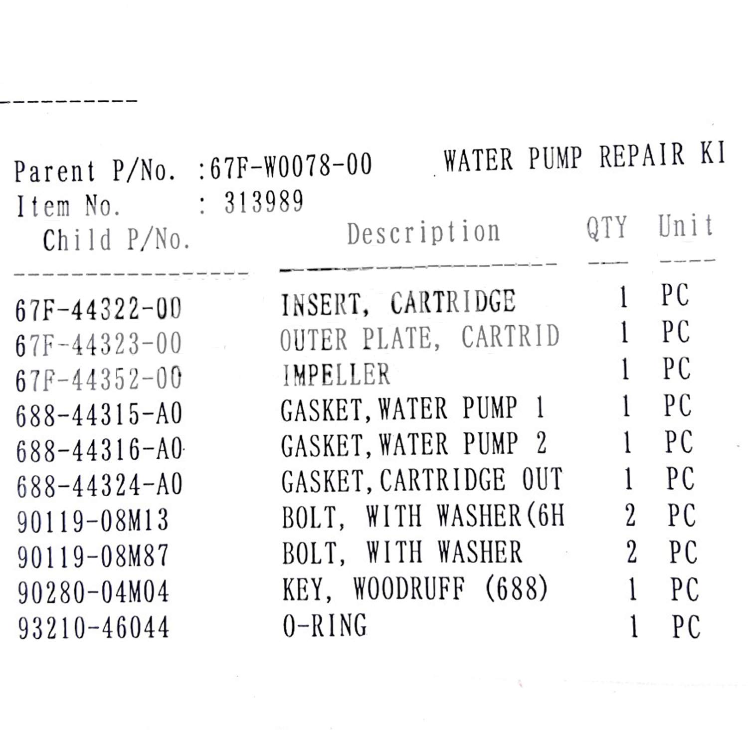 OEM Yamaha F75-F100 Outboard Water Pump Repair Kit 67F-W0078-00-00