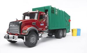 bruder mack granite garbage truck (ruby red-green)