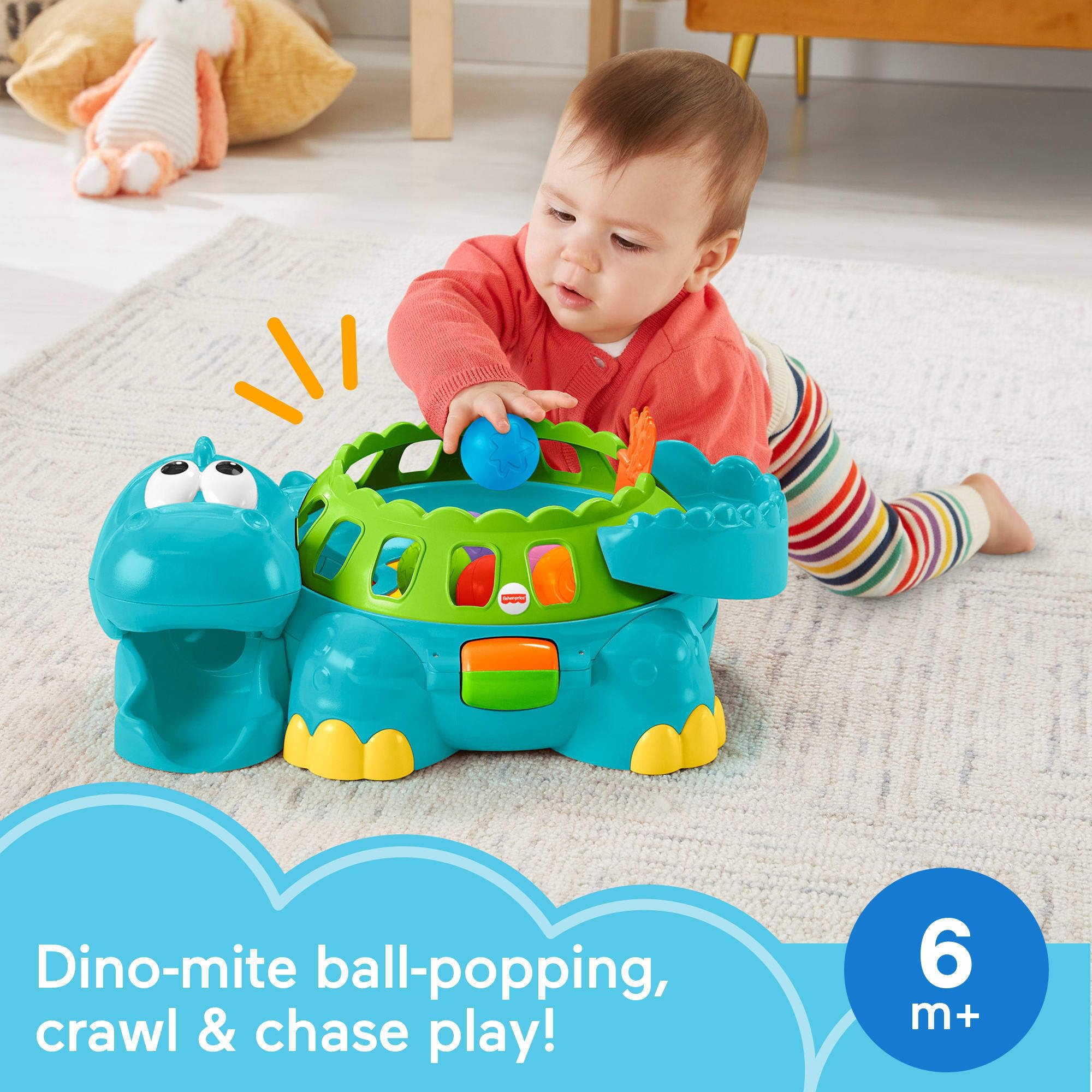 Fisher-Price Baby Crawling Toy, Poppity Pop Musical Dino Ball-Popper with Sounds for Infants Ages 6+ Months, Blue