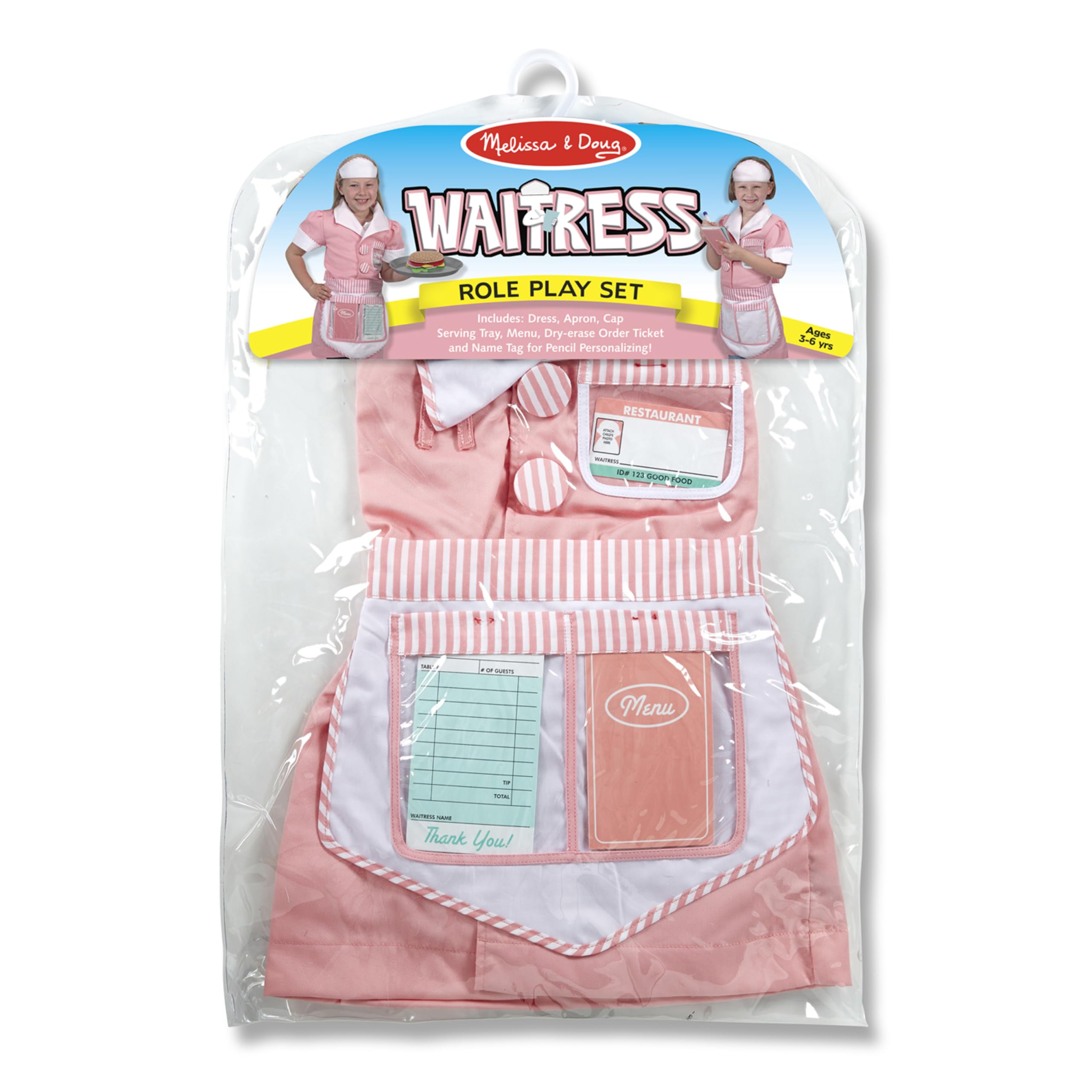 Melissa & Doug Waitress Role Play Costume Set (7 pcs) - Includes Apron, Order Pad, Cap Pink 3-6 years