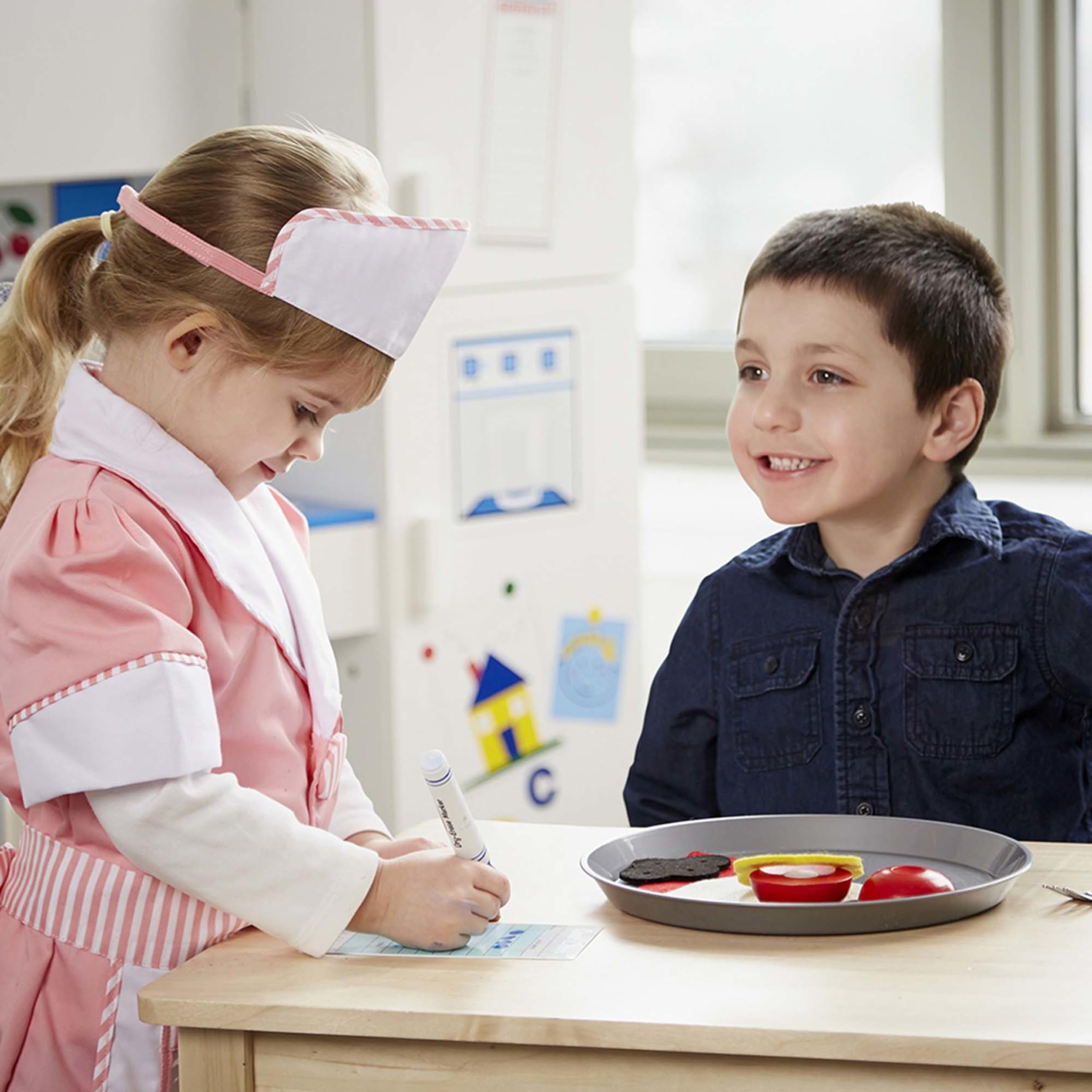 Melissa & Doug Waitress Role Play Costume Set (7 pcs) - Includes Apron, Order Pad, Cap Pink 3-6 years