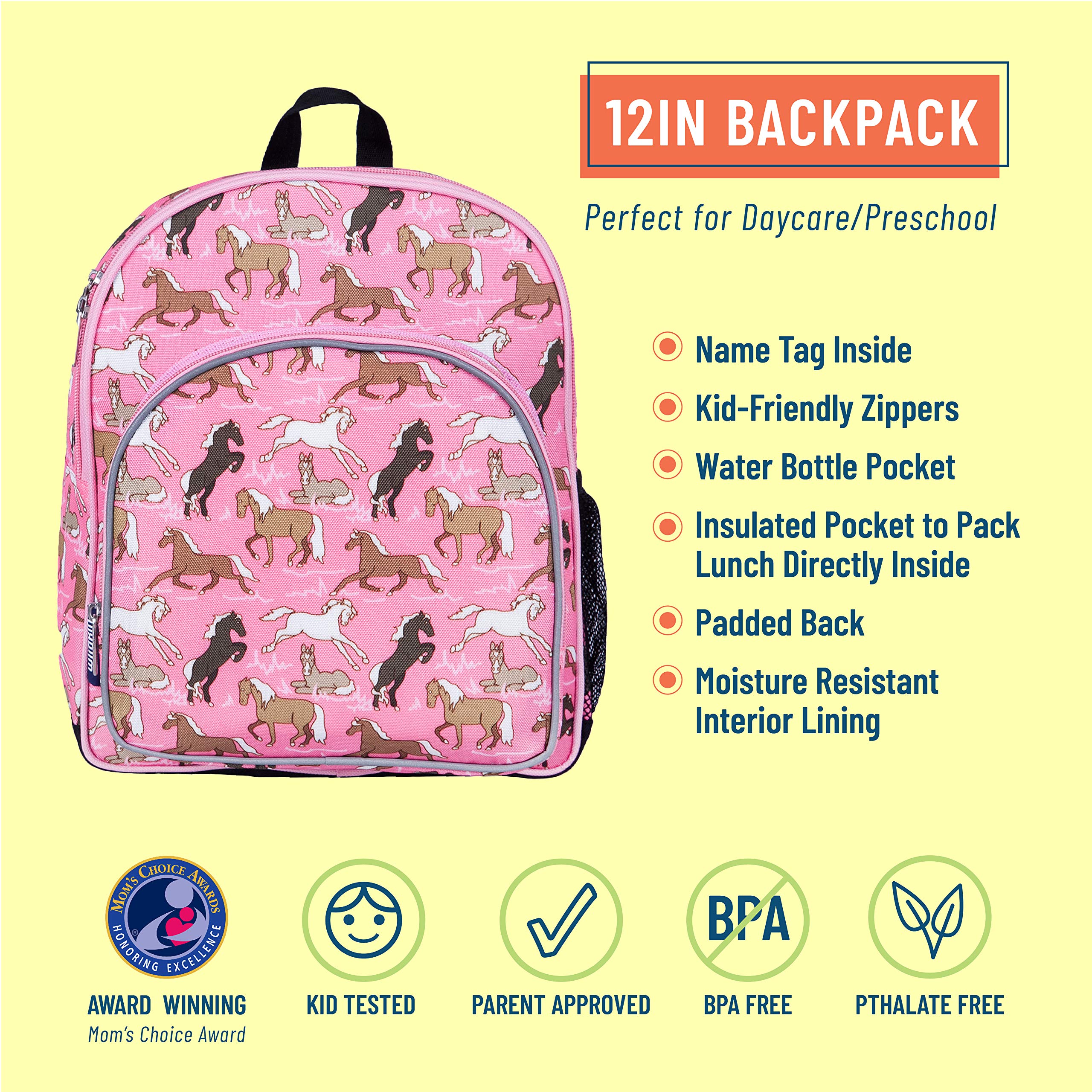 Wildkin 12-Inch Kids Backpack for Boys & Girls, Perfect for Daycare and Preschool, Toddler Bags Features Padded Back & Adjustable Strap, Ideal for School & Travel Backpacks (Horses in Pink)