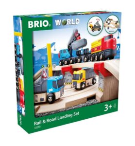 brio world 33210 - rail & road loading set - 32 piece wooden train set | ideal for kids aged 3+ | with special crane car & flatbed idea