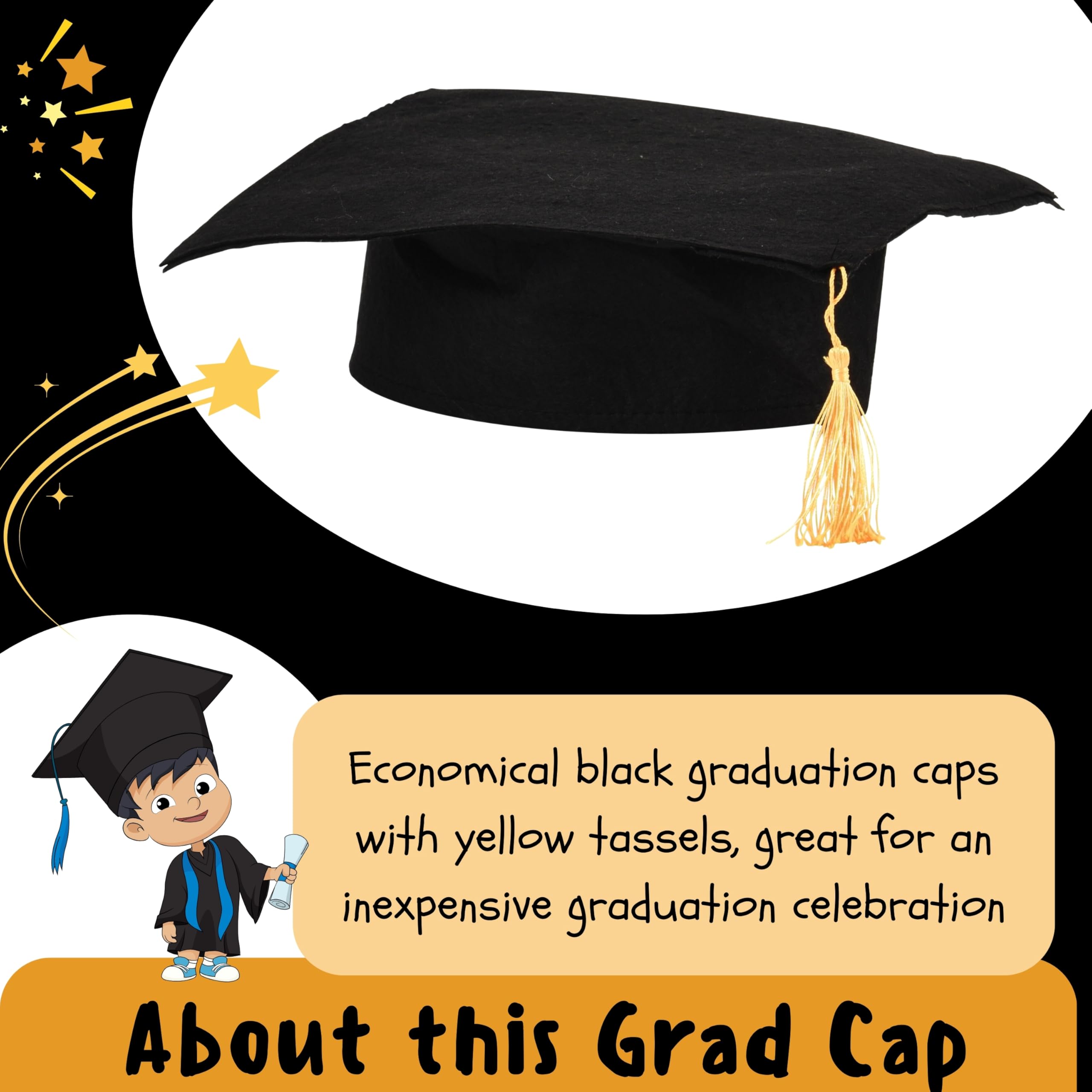 U. S. Toy Kindergarten Black Graduation Caps w/Gold Tassel, Preschool Graduation Cap for Boys and Girls, Customizable, Teacher Supplies, 12-Pack, 3 Years & Older