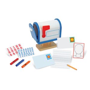 melissa & doug my own wooden mailbox activity set and educational toy with reusable letters and post cards, pretend play mailbox for preschoolers and kids ages 4+