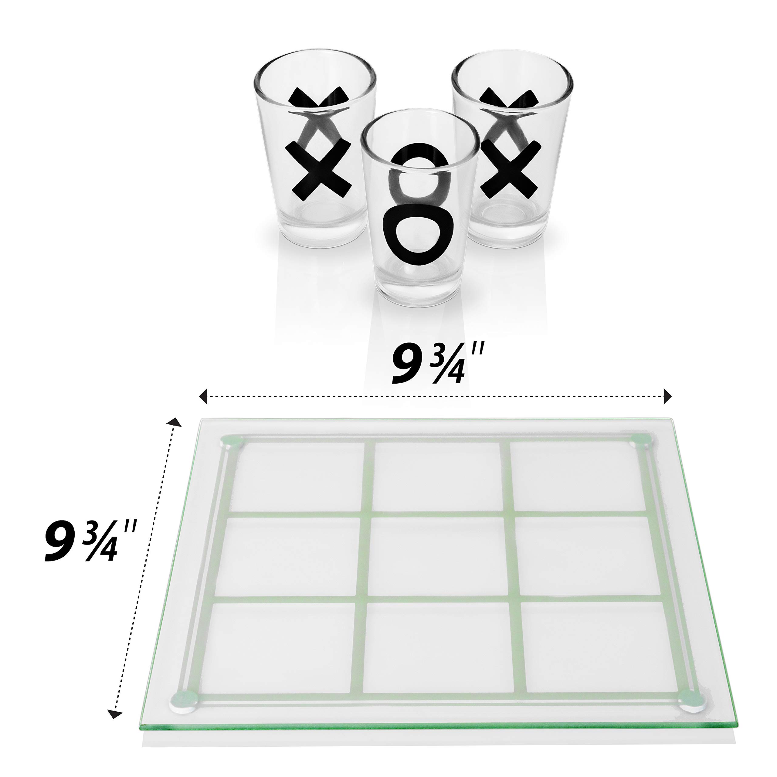 Maxam Shot Glass Tic Tac Toe Set - 9 Alcohol Shooters with X and O Marks, Clear Glass Playing Board