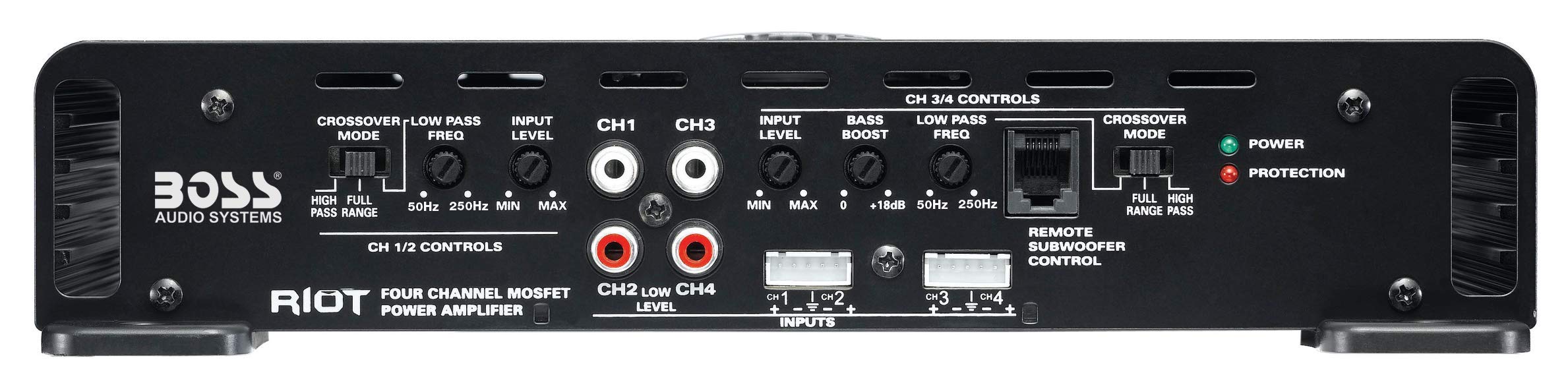 BOSS Audio Systems R2504 Riot Series Car Audio Stereo Subwoofer Amplifier - 1000 High Output, 4 Channel, Class A/B, 2/4 Ohm, High/Low Level Inputs, High/Low Pass Crossover, Bridgeable, Full Range