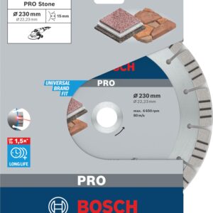 Bosch 2608602645 Diamond Cutting Disc Best for Stone, 230mm Ø, 22.23mm x 2.4mm x 15mm, Silver/Grey