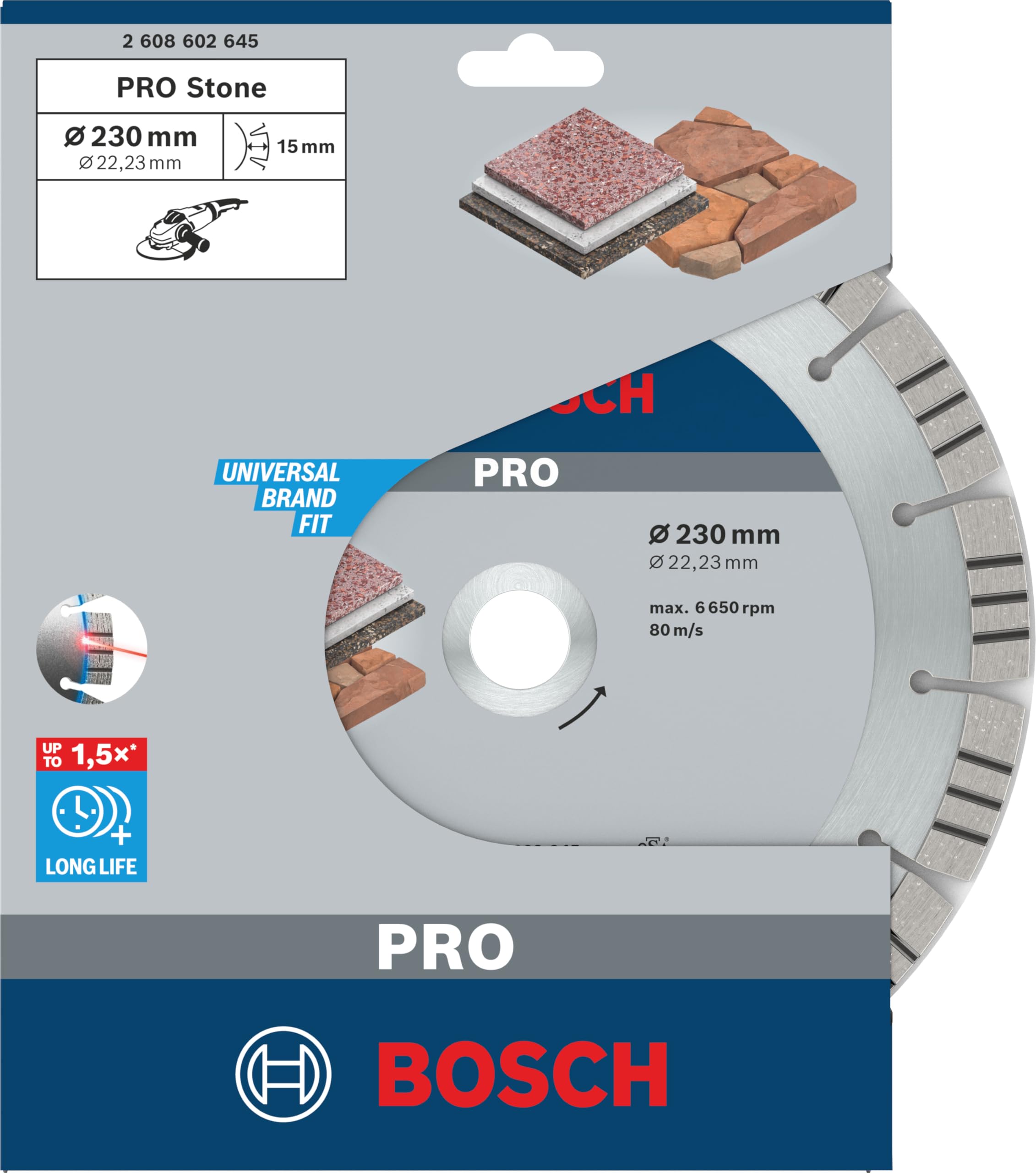 Bosch 2608602645 Diamond Cutting Disc Best for Stone, 230mm Ø, 22.23mm x 2.4mm x 15mm, Silver/Grey