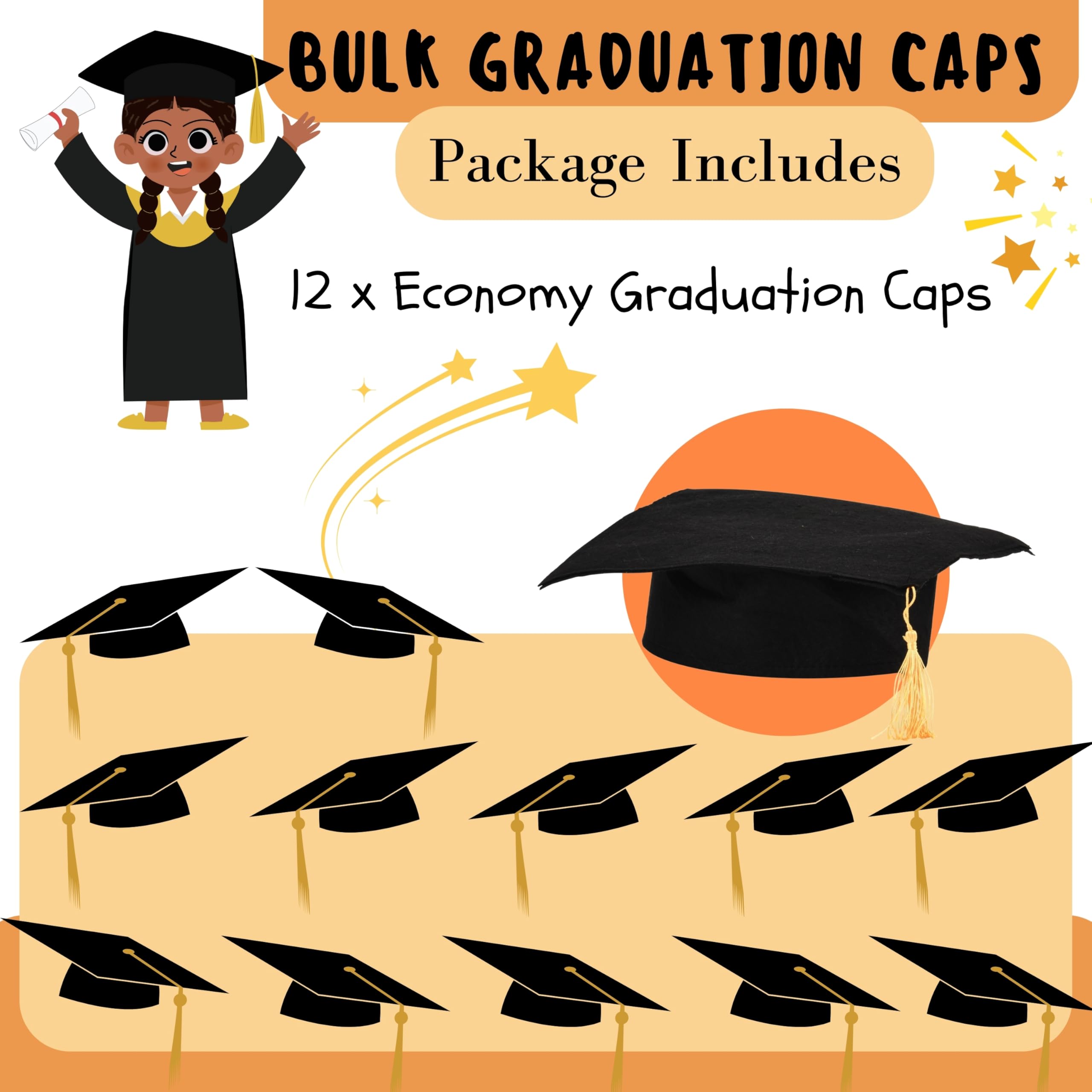 U. S. Toy Kindergarten Black Graduation Caps w/Gold Tassel, Preschool Graduation Cap for Boys and Girls, Customizable, Teacher Supplies, 12-Pack, 3 Years & Older