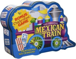 puremco mexican train double 12 professional size dominoes with bonus chickenfoot game included travel tin board game, 91 tiles, challenging, fun game for ages 6 years & up, blue