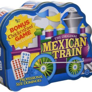 Puremco Mexican Train Double 12 Professional Size Dominoes with Bonus Chickenfoot Game Included Travel Tin Board Game, 91 Tiles, Challenging, Fun Game for Ages 6 Years & Up, Blue