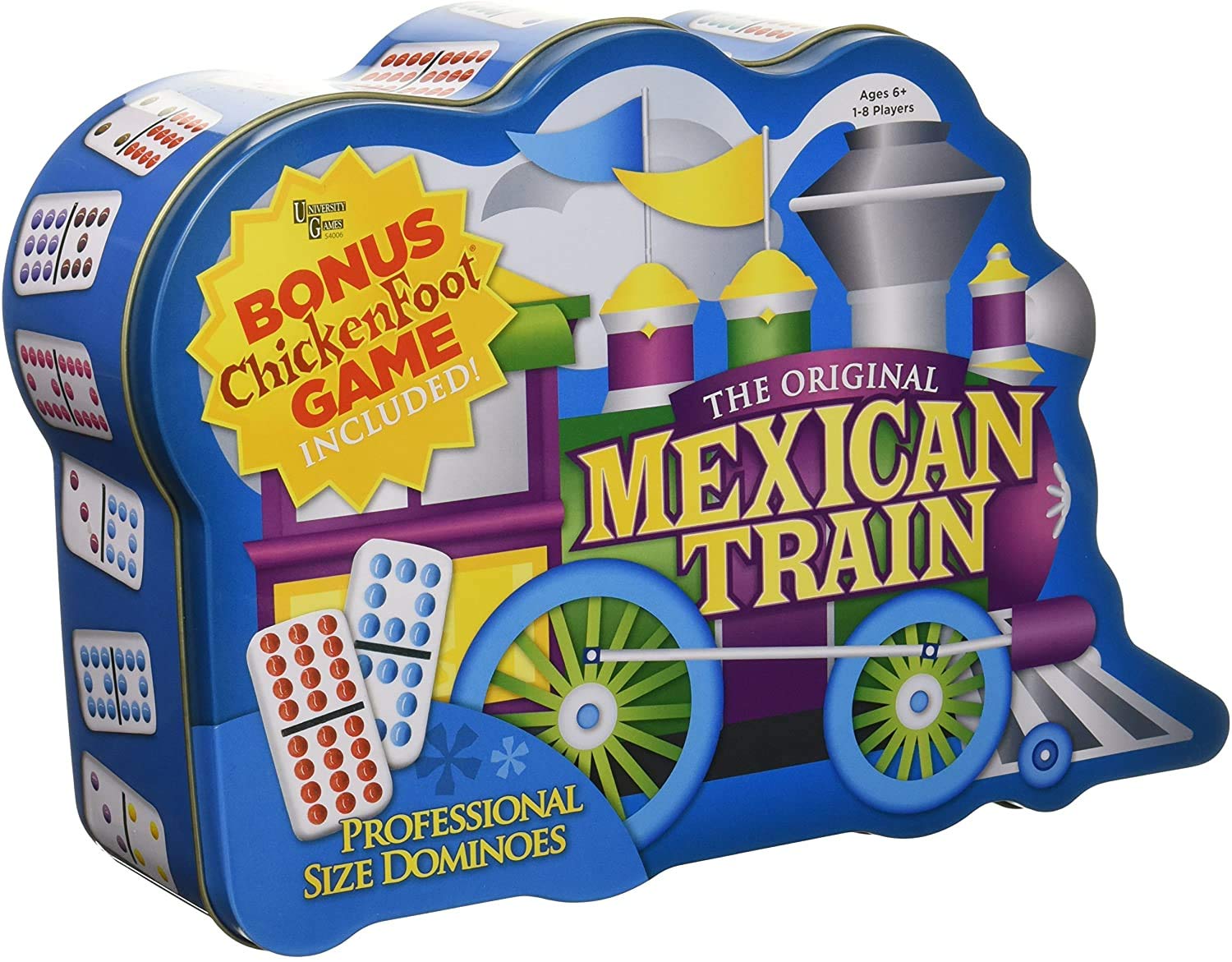 Puremco Mexican Train Double 12 Professional Size Dominoes with Bonus Chickenfoot Game Included Travel Tin Board Game, 91 Tiles, Challenging, Fun Game for Ages 6 Years & Up, Blue