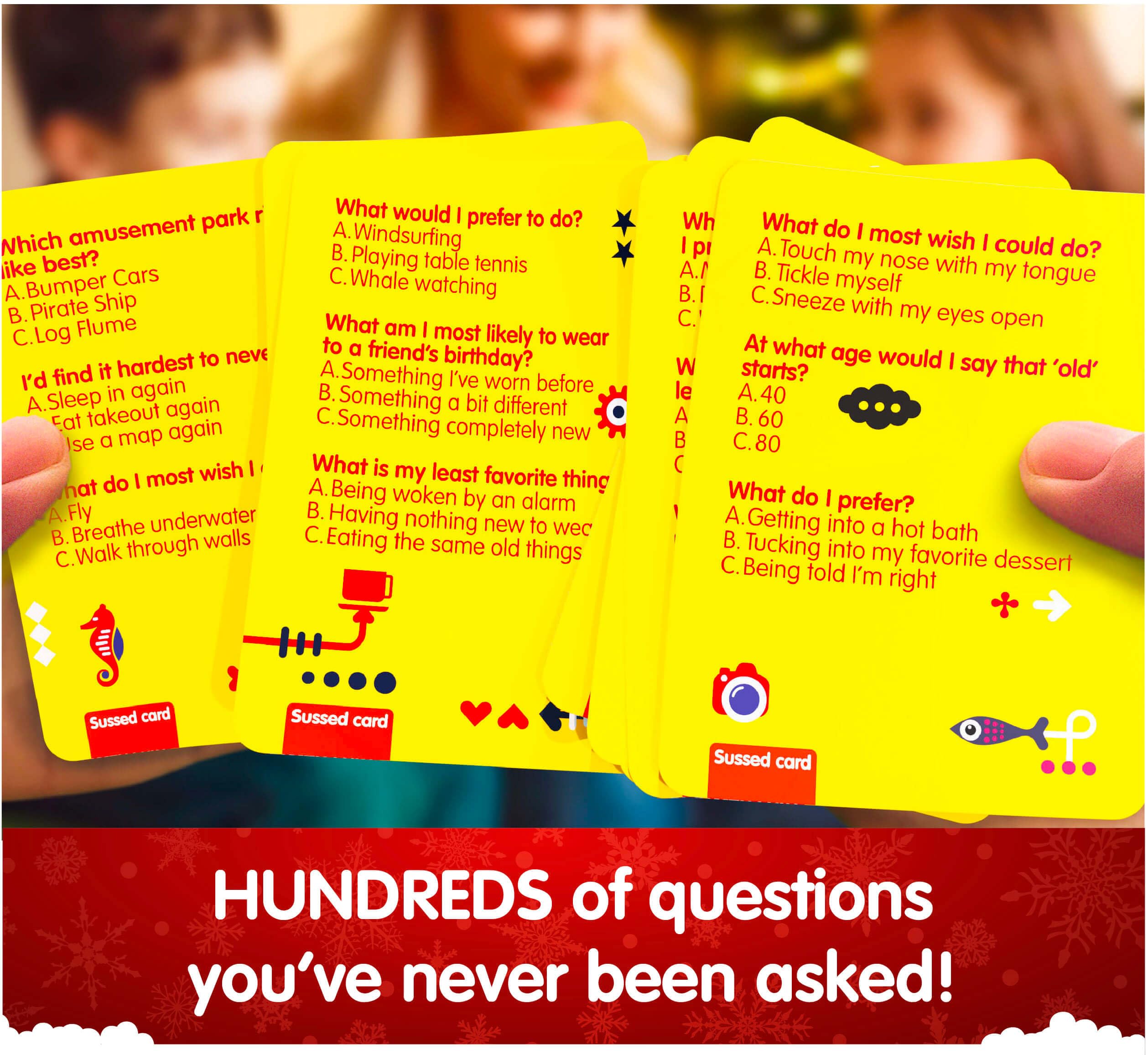 SUSSED The Wacky ‘What Would You Do?’ Social Card Game - Kids Stocking Stuffer & Family Travel Game - Fun & Easy to Play - All Ages 6 and Up - Hello Yellow Deck