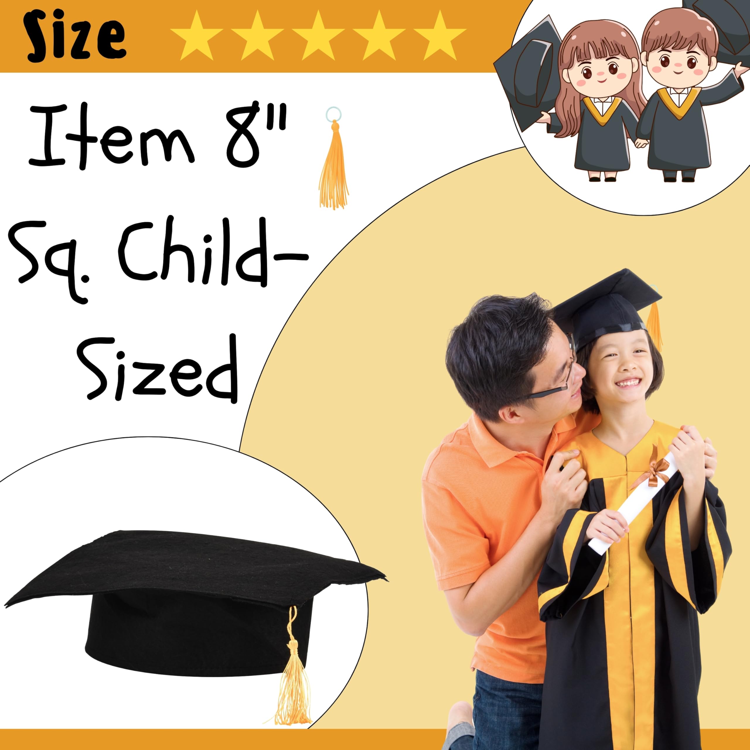 U. S. Toy Kindergarten Black Graduation Caps w/Gold Tassel, Preschool Graduation Cap for Boys and Girls, Customizable, Teacher Supplies, 12-Pack, 3 Years & Older