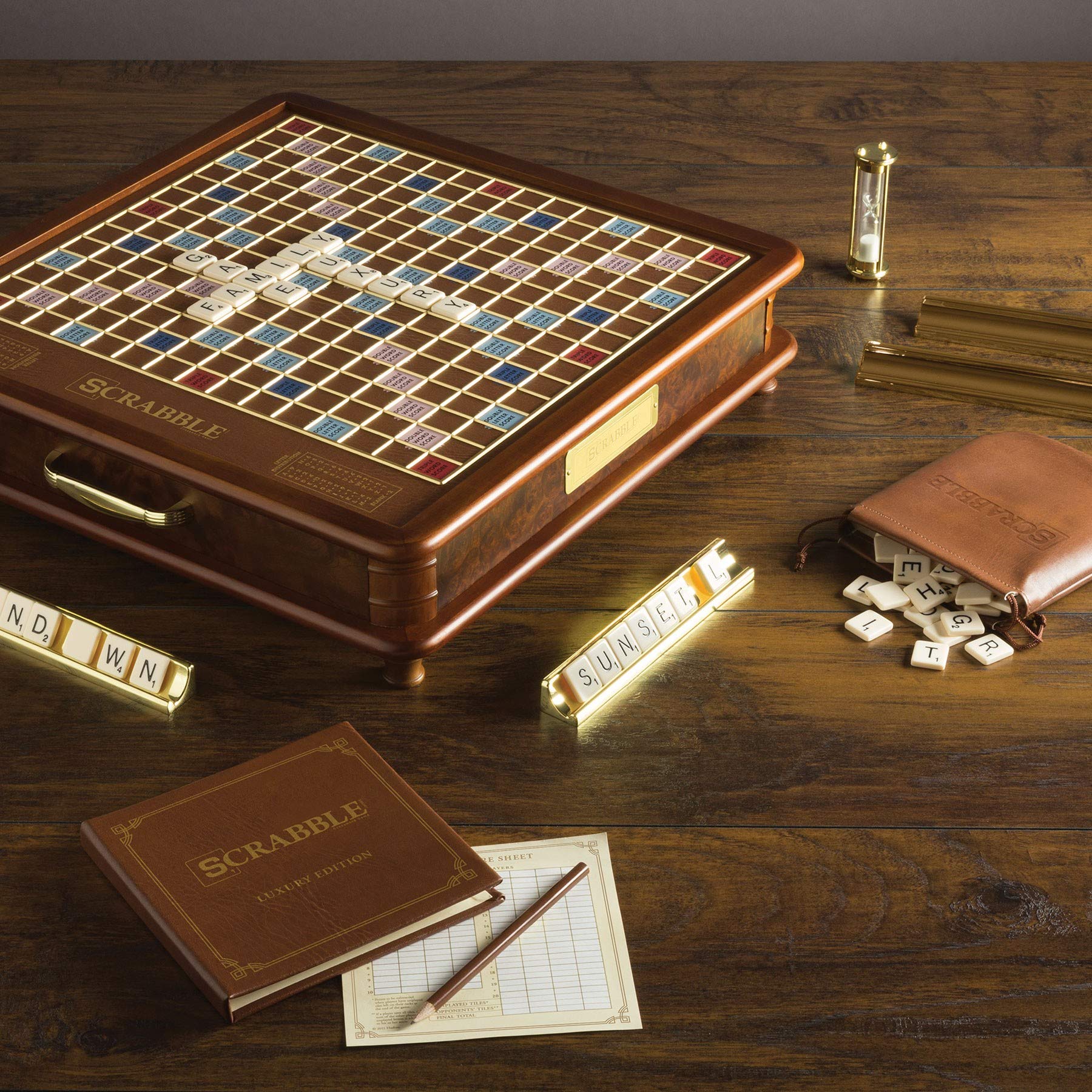 WS Game Company Scrabble Luxury Edition with Rotating Wooden Game Board