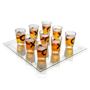 maxam shot glass tic tac toe set - 9 alcohol shooters with x and o marks, clear glass playing board