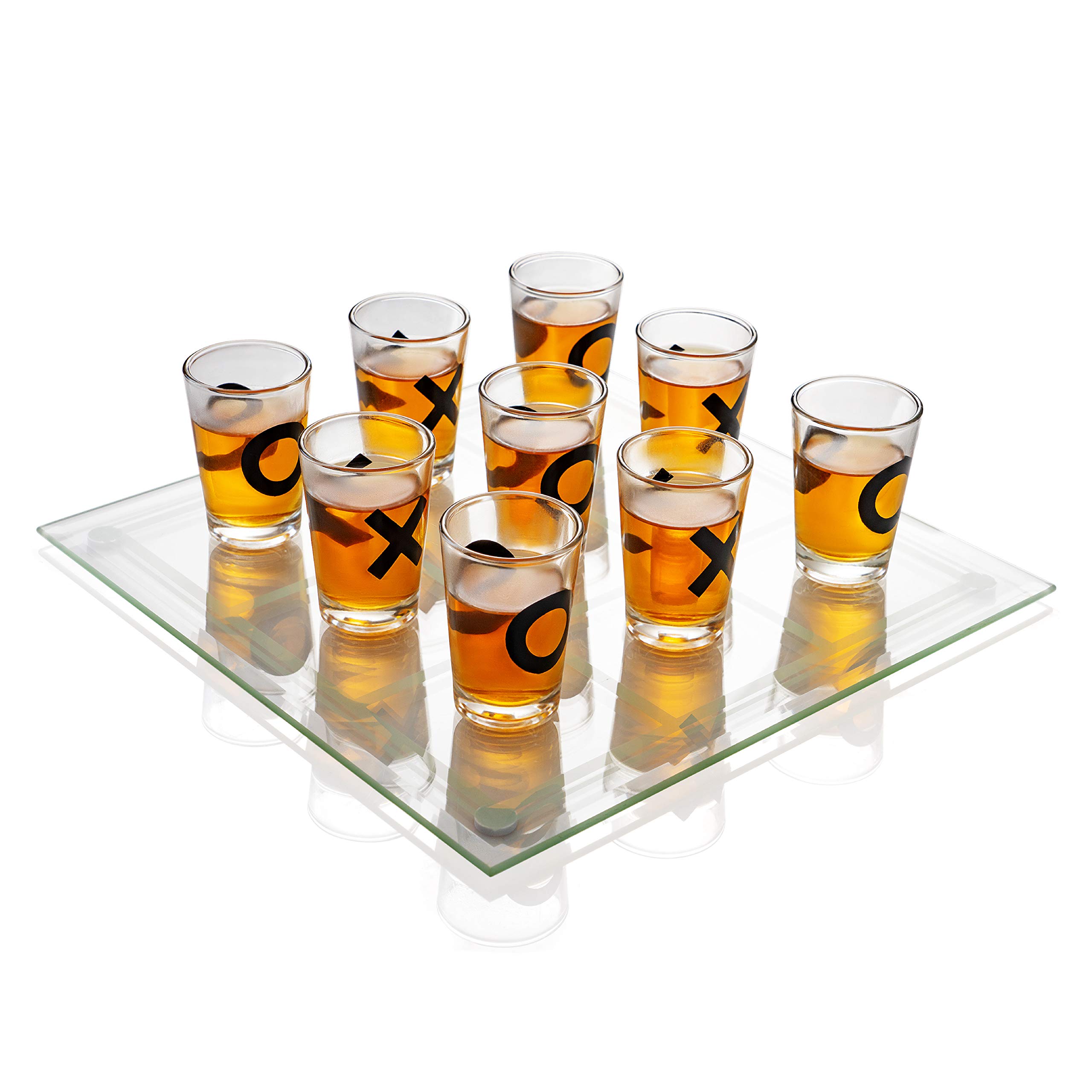 Maxam Shot Glass Tic Tac Toe Set - 9 Alcohol Shooters with X and O Marks, Clear Glass Playing Board