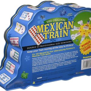 Puremco Mexican Train Double 12 Professional Size Dominoes with Bonus Chickenfoot Game Included Travel Tin Board Game, 91 Tiles, Challenging, Fun Game for Ages 6 Years & Up, Blue