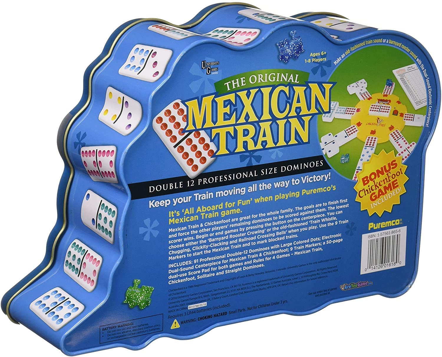 Puremco Mexican Train Double 12 Professional Size Dominoes with Bonus Chickenfoot Game Included Travel Tin Board Game, 91 Tiles, Challenging, Fun Game for Ages 6 Years & Up, Blue