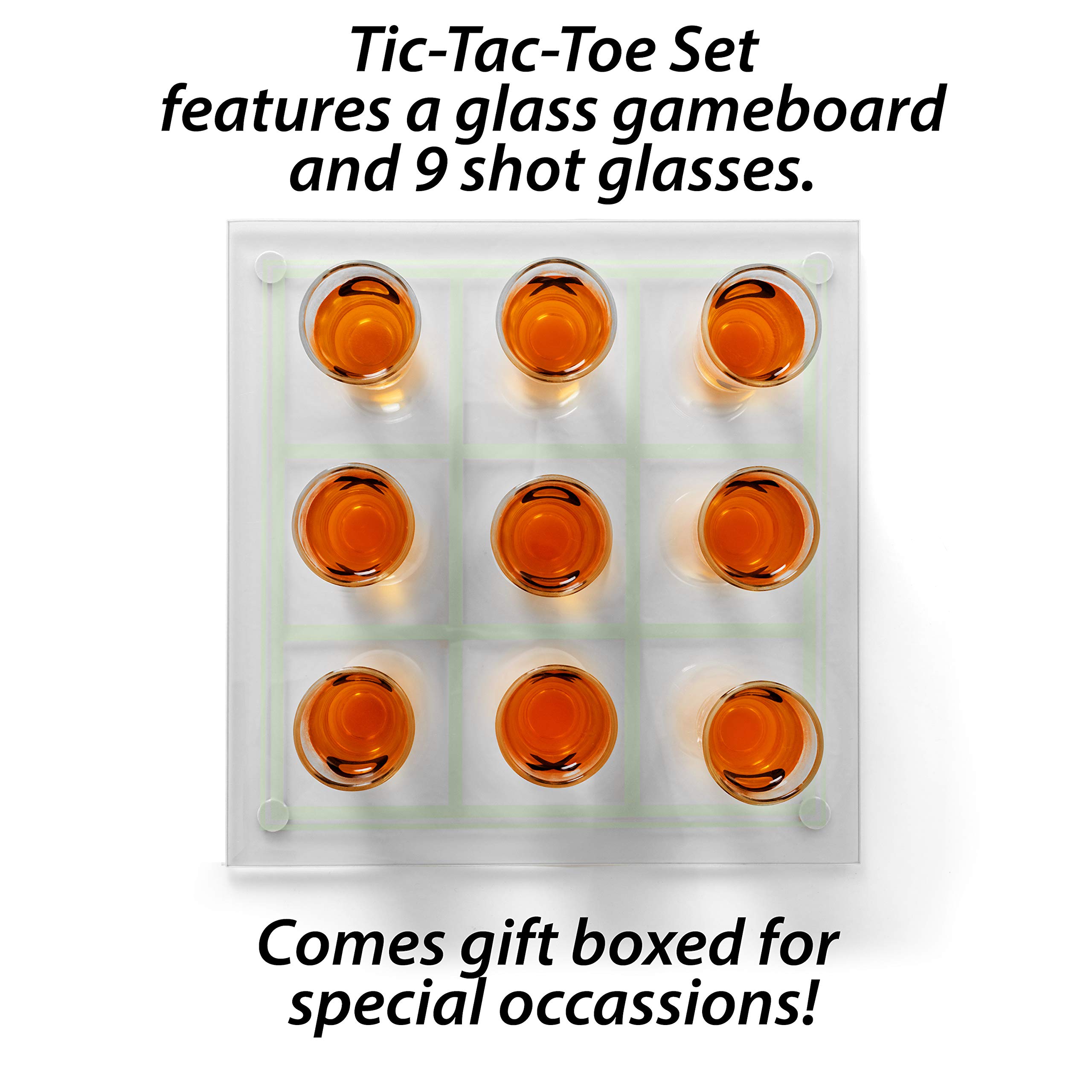 Maxam Shot Glass Tic Tac Toe Set - 9 Alcohol Shooters with X and O Marks, Clear Glass Playing Board