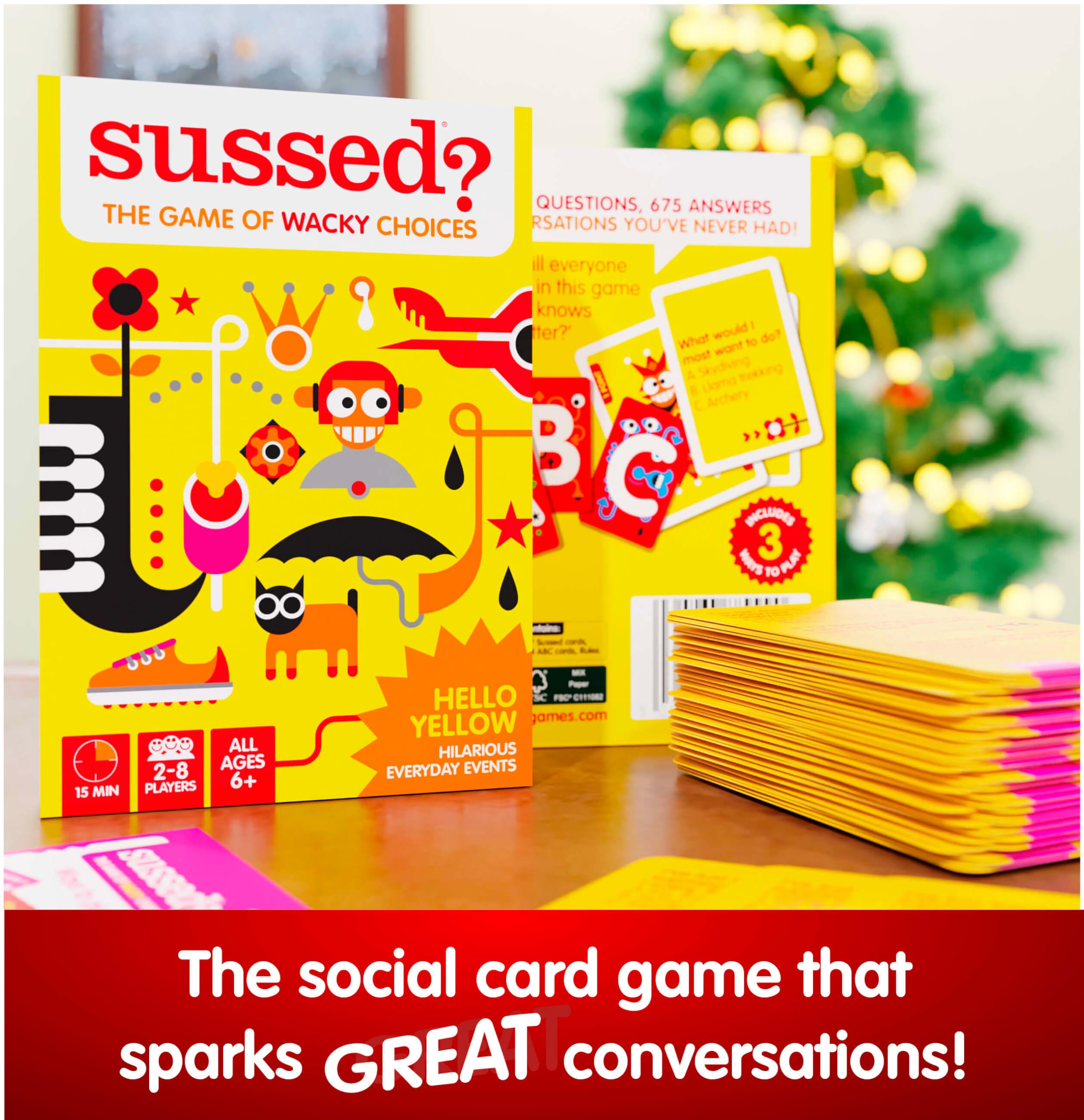 SUSSED The Wacky ‘What Would You Do?’ Social Card Game - Kids Stocking Stuffer & Family Travel Game - Fun & Easy to Play - All Ages 6 and Up - Hello Yellow Deck