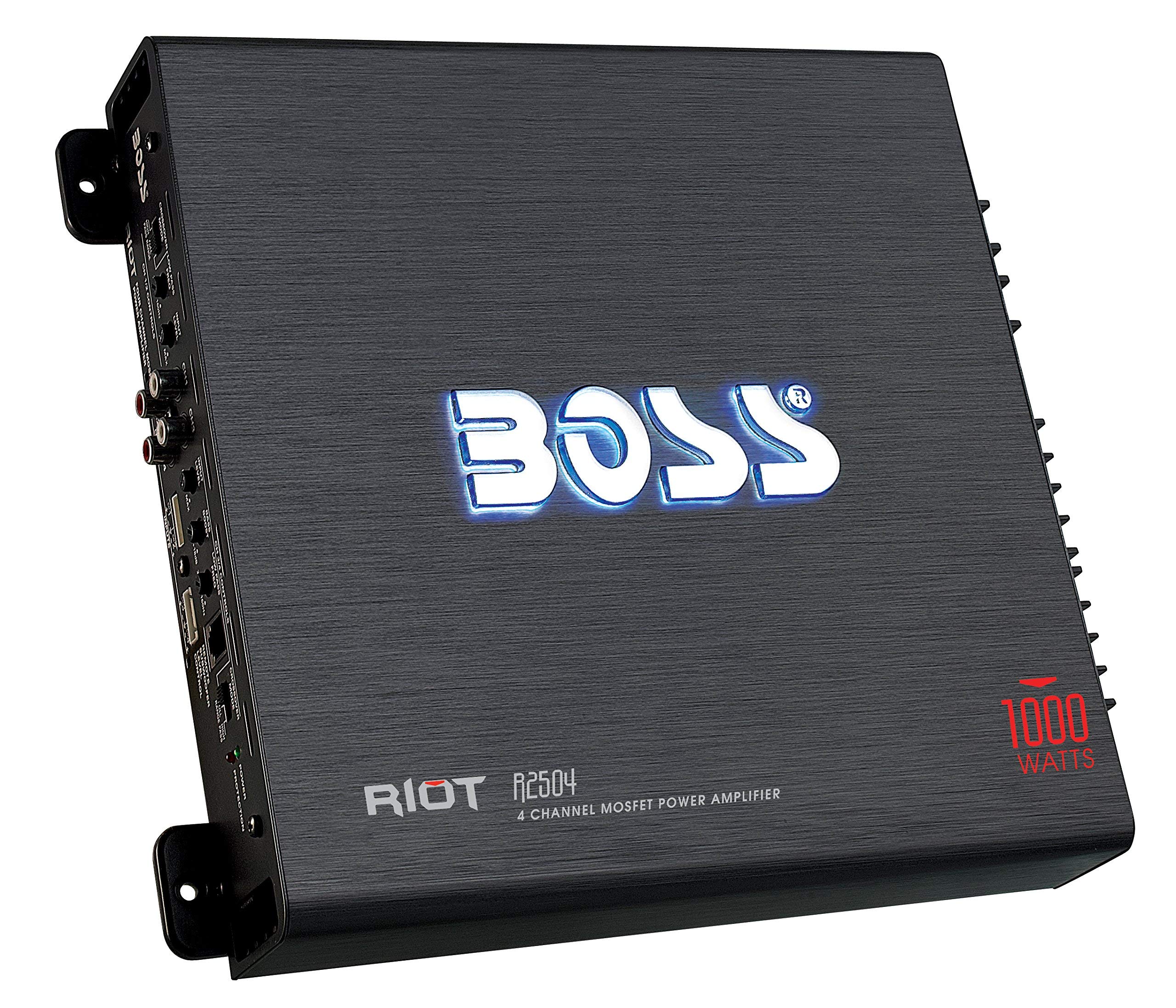 BOSS Audio Systems R2504 Riot Series Car Audio Stereo Subwoofer Amplifier - 1000 High Output, 4 Channel, Class A/B, 2/4 Ohm, High/Low Level Inputs, High/Low Pass Crossover, Bridgeable, Full Range