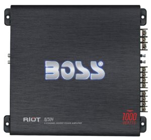 boss audio systems r2504 riot series car audio stereo subwoofer amplifier - 1000 high output, 4 channel, class a/b, 2/4 ohm, high/low level inputs, high/low pass crossover, bridgeable, full range