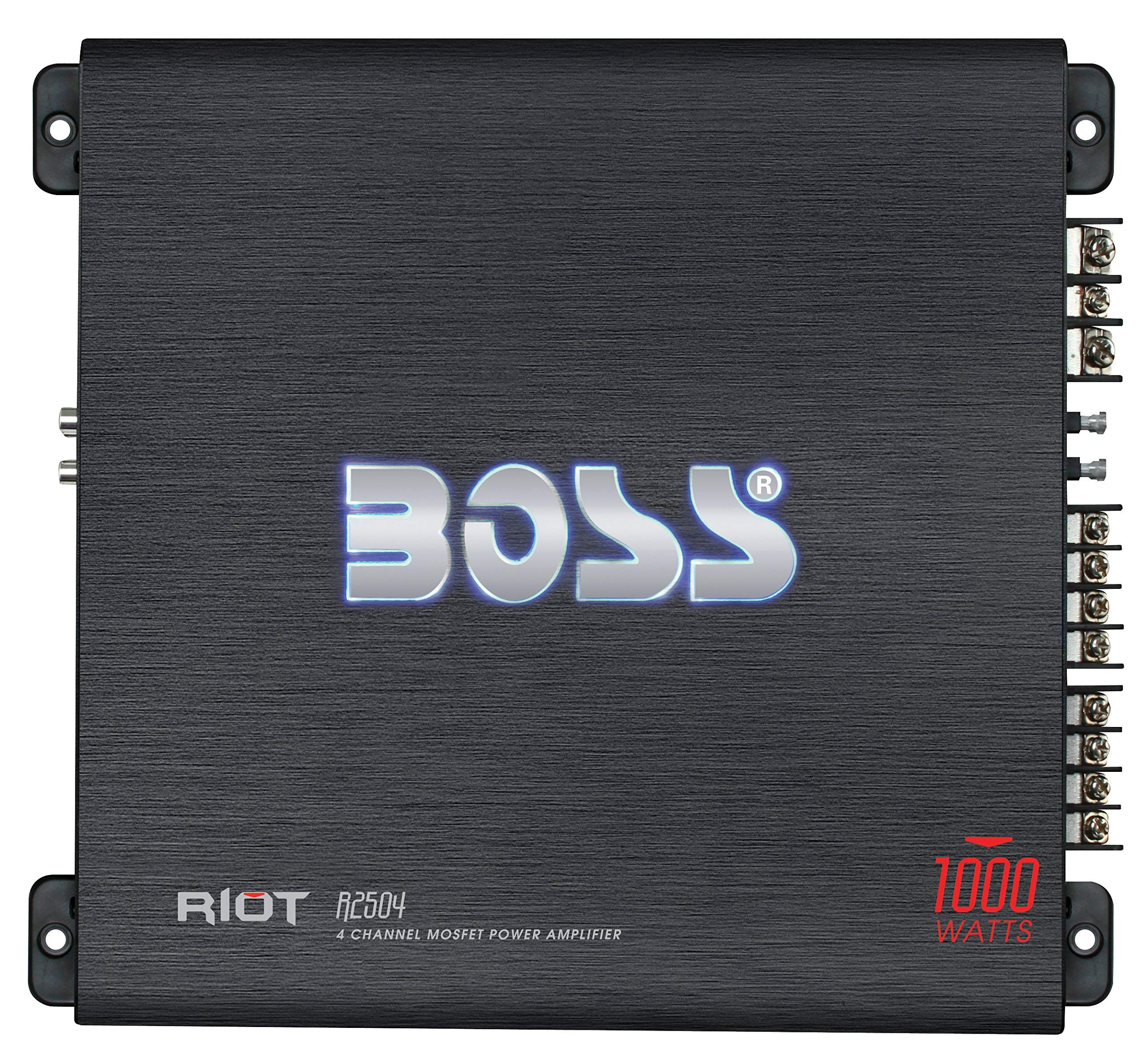 BOSS Audio Systems R2504 Riot Series Car Audio Stereo Subwoofer Amplifier - 1000 High Output, 4 Channel, Class A/B, 2/4 Ohm, High/Low Level Inputs, High/Low Pass Crossover, Bridgeable, Full Range