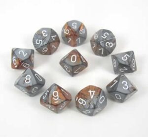 chessex dice sets: gemini copper & steel with white - ten sided die d10 set (10)