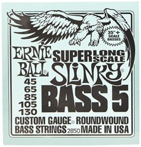 ernie ball 5-string super long scale slinky nickel wound bass guitar strings, 45-130 gauge (p02850)