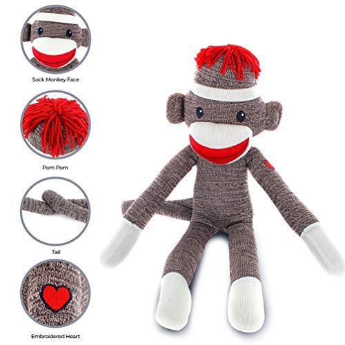 Plushland Adorable Brown Sock Monkey, The Original Traditional Hand Knitted Stuffed Animal Toy Gift-for Kids, Babies, Teens, Girls and Boys Baby Doll Present Puppet 20 Inches